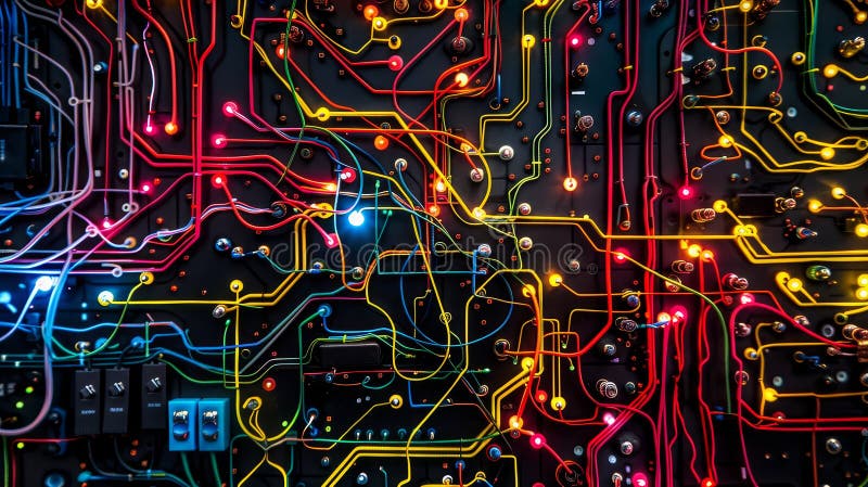 Abstract Technology Background with Colorful Wires and LEDs a Closeup ...