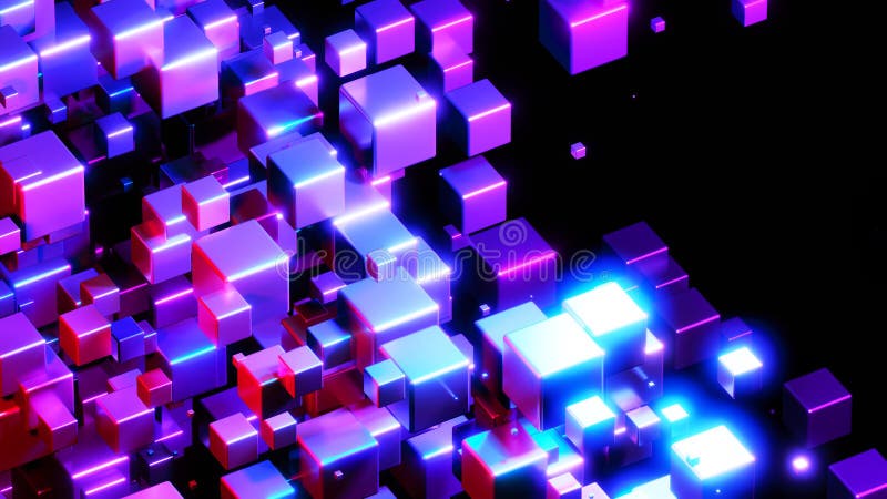 Abstract Technology Background with 3D Cubes in Space, Purple Blue Neon ...