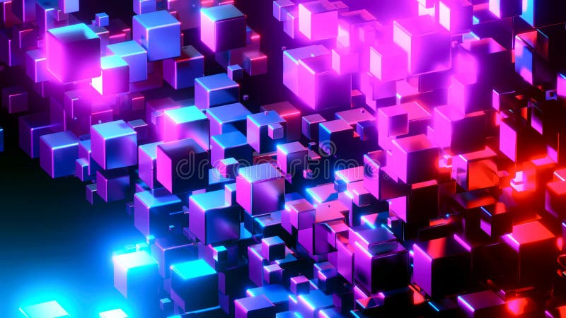 Abstract Technology Background with 3D Cubes in Space, Purple Blue Neon ...