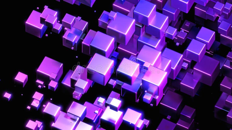 Abstract Technology Background with 3D Cubes in Space, Purple Blue Neon ...