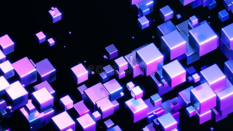 Abstract Technology Background with 3D Cubes in Space, Purple Blue Neon ...