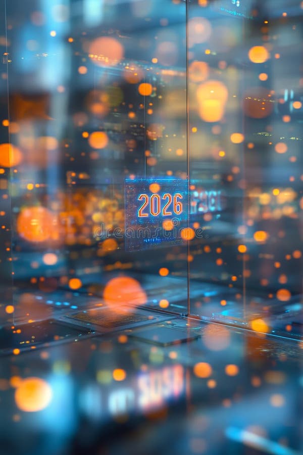 Abstract Technology Background, Defocused Lights with 2026 Hologram for ...