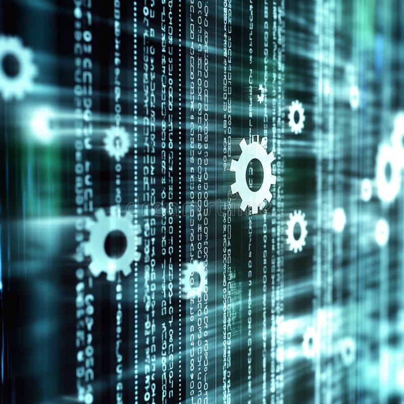 Abstract Technology Background With Floating Binary Code And Gear Icons Symbolizing Programming