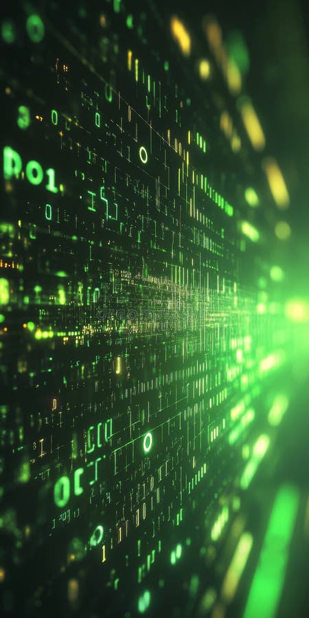 Abstract Technology Background. Flow of Binary Code. Big Data Concept, Cyberspace Green Coding ...