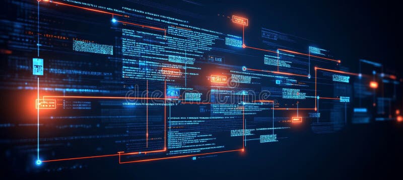 Abstract Technology Background, Glowing Blue Code on a Dark Background, Visualisation of Data ...