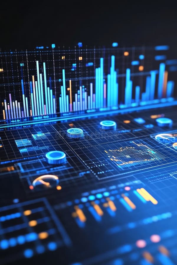 Abstract Technology Background with Glowing 3D Charts, Graphs, and Data ...