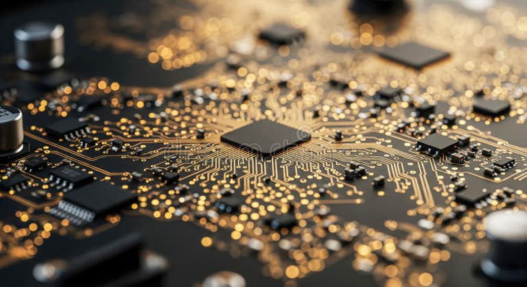 Abstract Technology Background with Glowing Gold Circuit and Processor ...