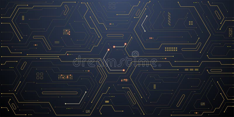 Abstract Technology Background. Gold Circuit Lines and Connected Dots ...