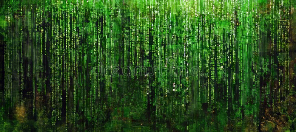 Abstract Technology Background. Green Matrix Code on Black, Digital Binary Data Flow Stream ...