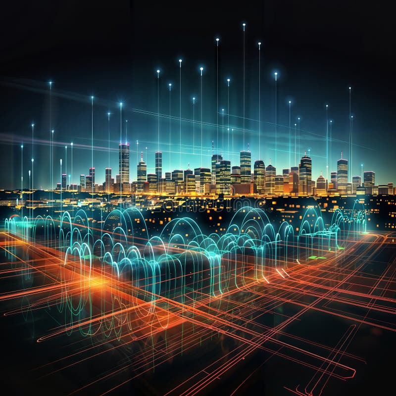 Abstract Technology Background with High Tech Buildings and Cityscape ...