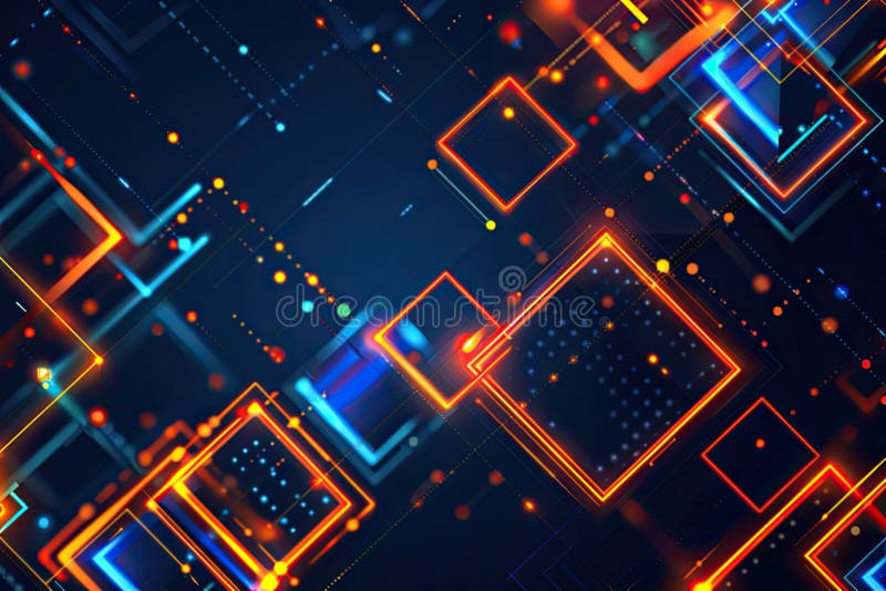 Abstract Technology Background with Neon Blue and Orange Square Shapes on a Dark Blue Background ...