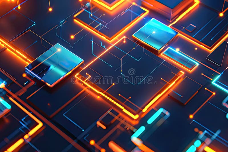 Abstract Technology Background with Neon Blue and Orange Square Shapes ...