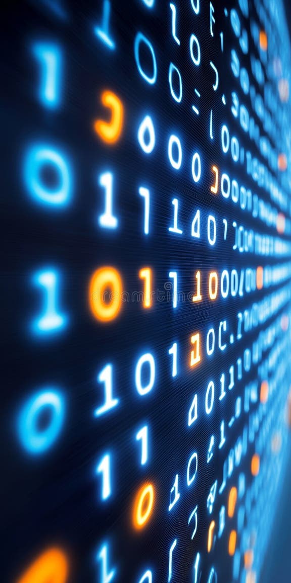 Abstract Technology Background with Orange and Blue Binary Code, Data Transferring Web Banner ...