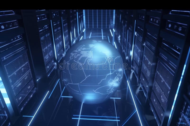 Server Room with Planet Earth in Center. Generative AI. Stock ...