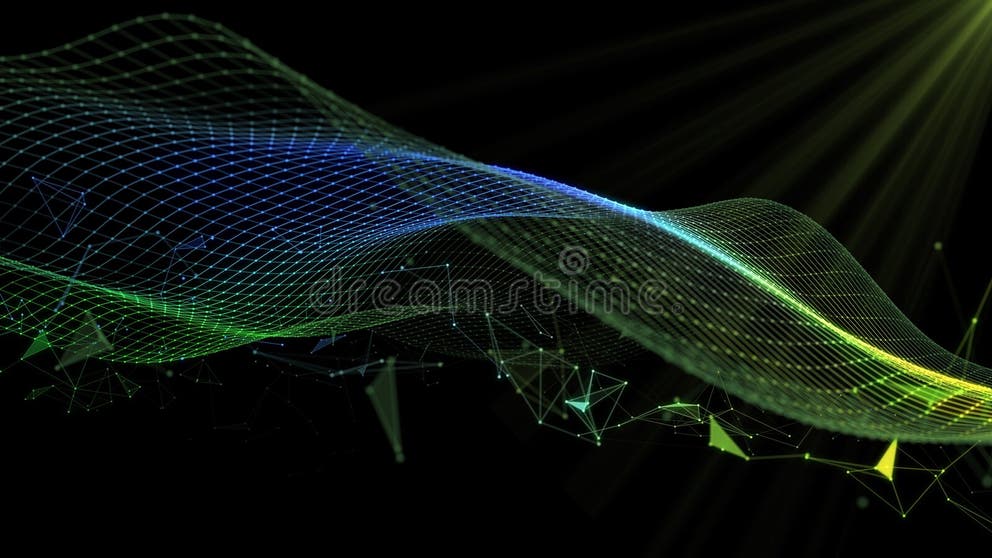 Abstract Technology Background with Wavy Color Grid in Dark. Analytics Data Algorithms. Big Data ...