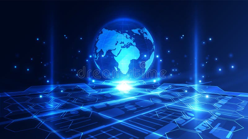Abstract Technology Background with World Map and Glowing Lights ...