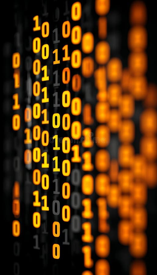 Abstract Technology Background. Yellow Digital Binary Code Data Stream Effect on Black ...