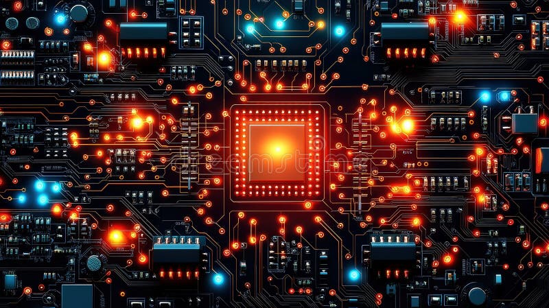 Abstract Technology Circuit Board with Glowing Lights and Microchips in ...