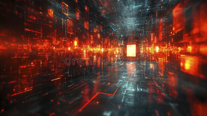 Abstract Technology Corridor with Glowing Elements Stock Illustration ...