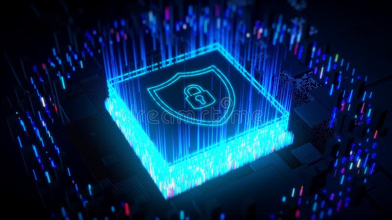 Abstract Technology Blue Shiny Shield Lock Symbol on CPU Chip Circuit ...