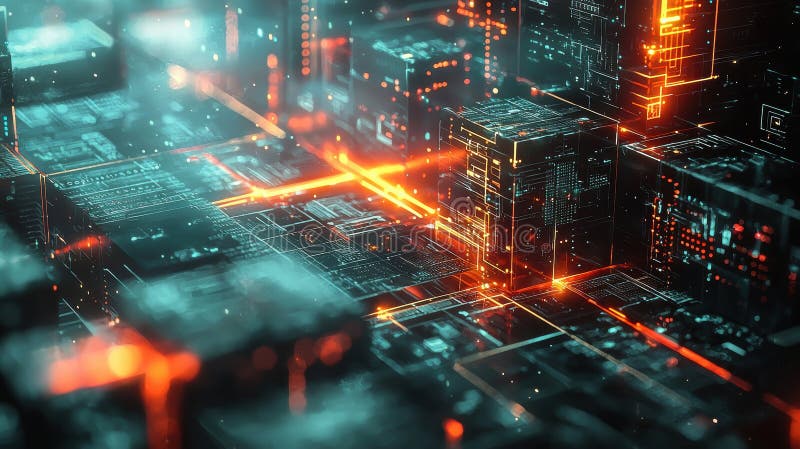 Abstract Technology Interface in Blocky 3D Art Stock Illustration ...