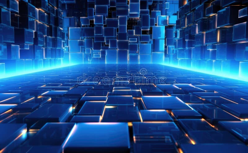 Abstract Technology Neon Blue Lights Background with Glowing Cube Box ...