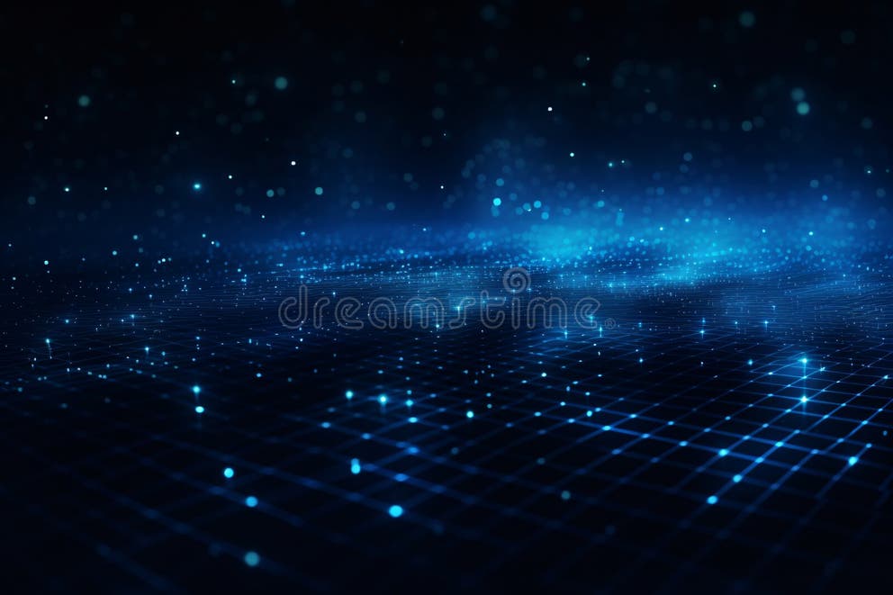 Abstract Technology Network of Blue Grid and Particles on Dark Background Stock Illustration ...
