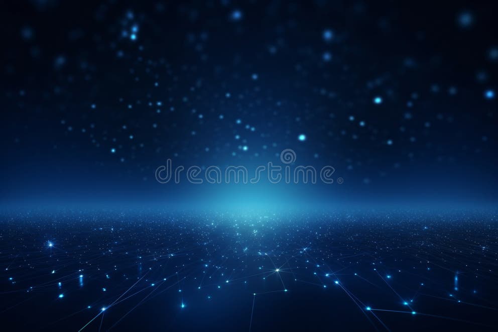 Abstract Technology Network of Blue Grid and Particles on Dark Background Stock Illustration ...