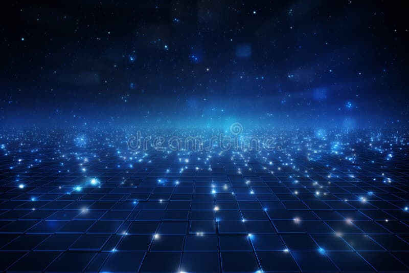 Abstract Technology Network of Blue Grid and Particles on Dark Background Stock Illustration ...