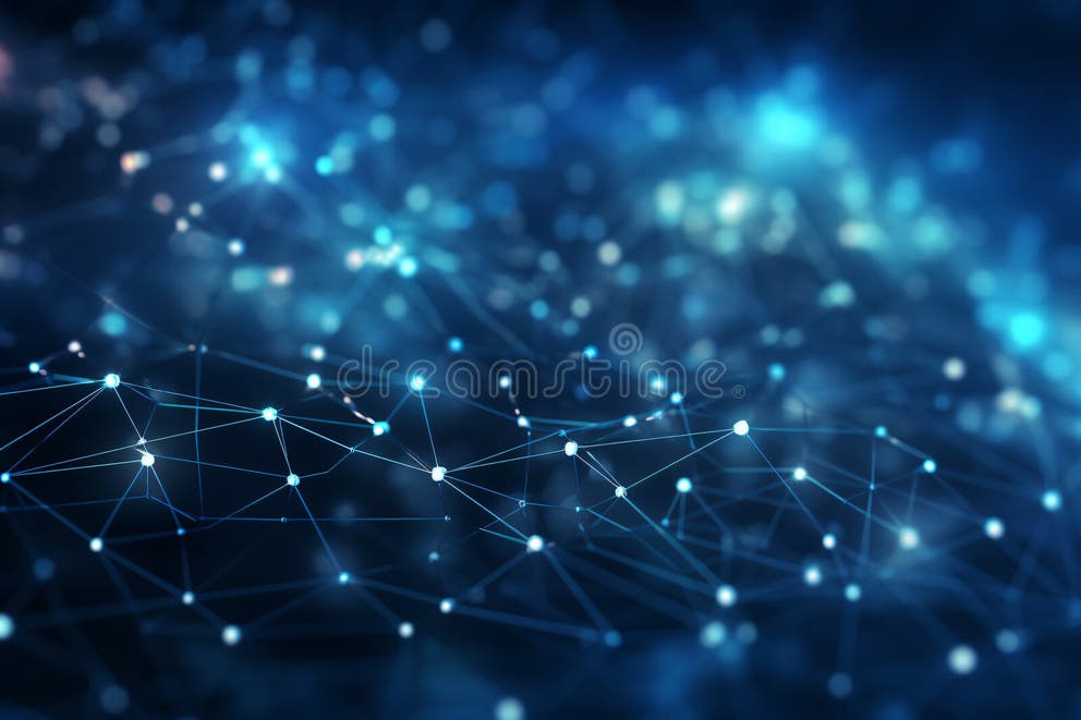 Abstract Technology Network of Blue Grid and Particles on Dark Background Stock Illustration ...