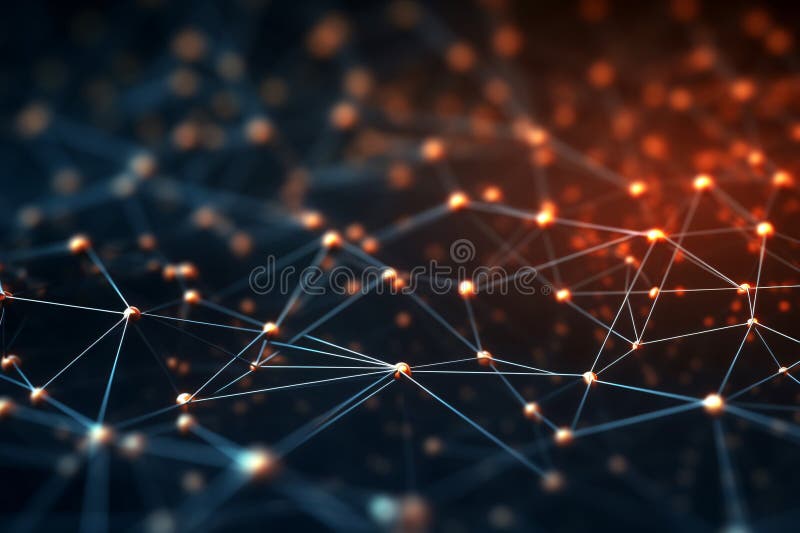 Abstract Technology Network of Blue Grid and Particles on Dark Background Stock Illustration ...