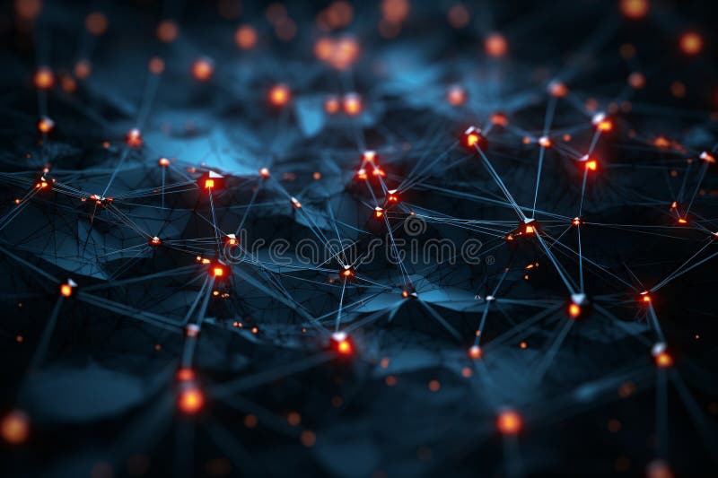 Abstract Technology Network of Blue Grid and Particles on Dark Background Stock Illustration ...