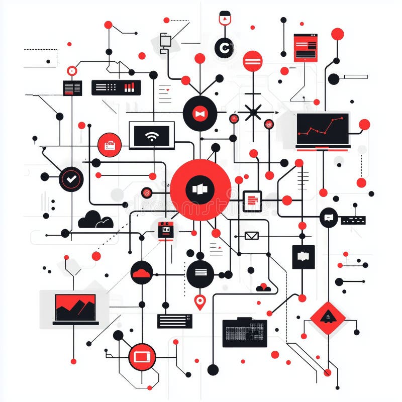 Abstract Technology Network Design with Red and Black Digital Elements ...