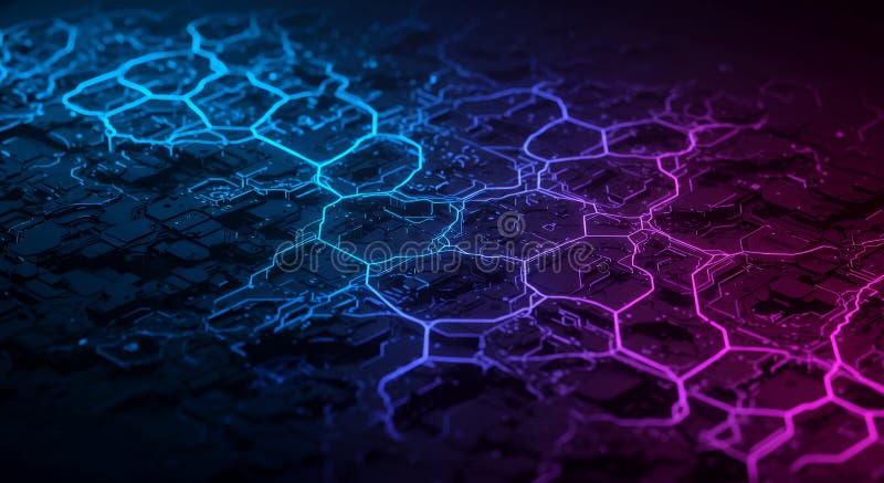 Abstract Technology Surface with Blue and Purple Glowing Neural Network ...