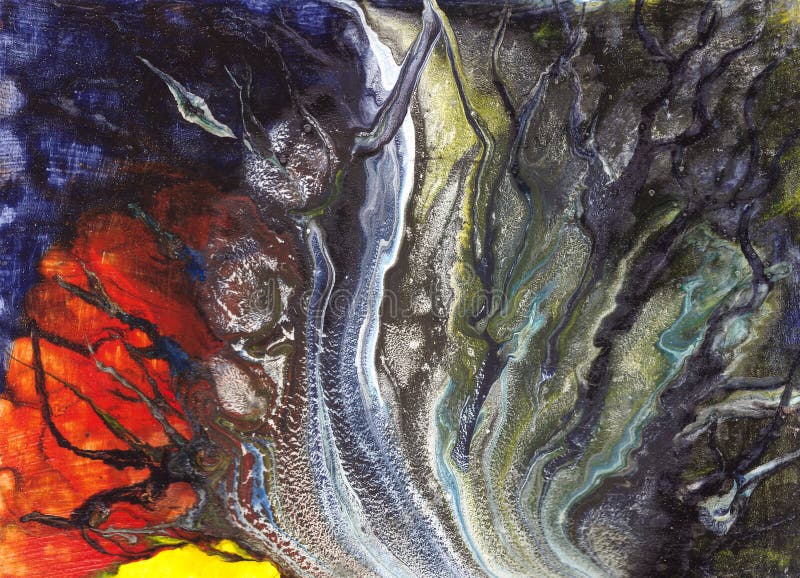 Abstract Textural Liquid Fluid Acrylic Tree on Red and Blue Background ...