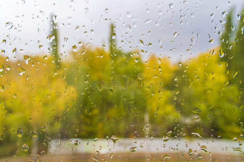 Raindrops on Window Glass Against Background of Colorful Autumn Trees ...
