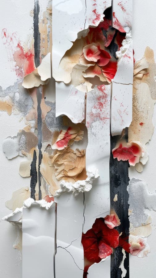 Abstract Textured Artwork with Red and Beige Floral Elements on ...