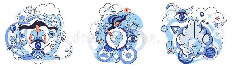Abstract Conceptual Human and Mind Illustrations in Blue and White ...