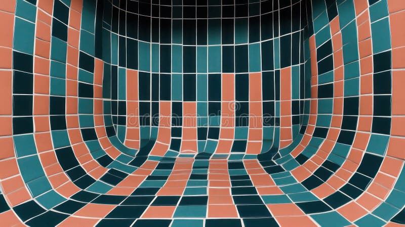 Abstract Tiled Interior with Curved Patterns in Teal and Coral Colors ...