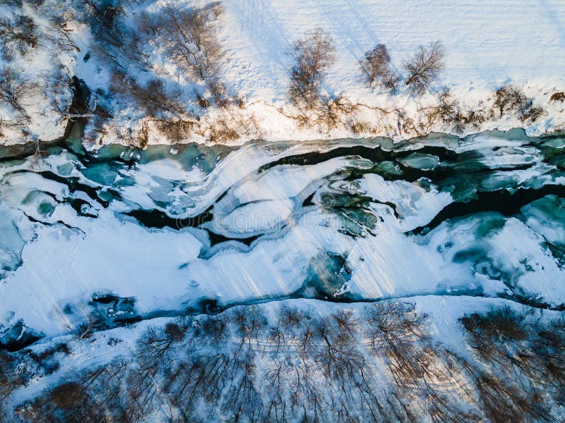 Abstract Top Down Drone View on Frozen Ice COvered River Stock Image ...