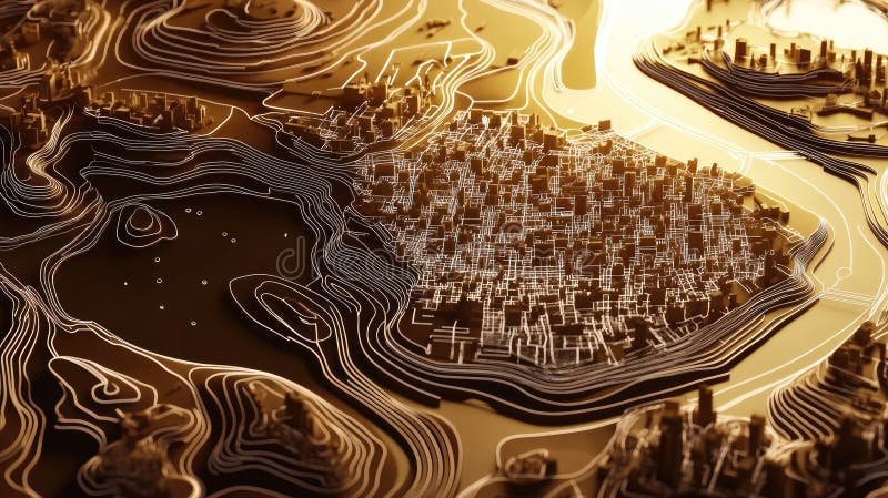 Abstract Topographic Map of a City with Contour Lines and Buildings ...