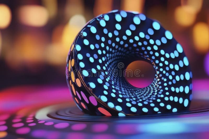 Abstract Torus with Glowing Neon Dots on Reflective Surface Stock ...