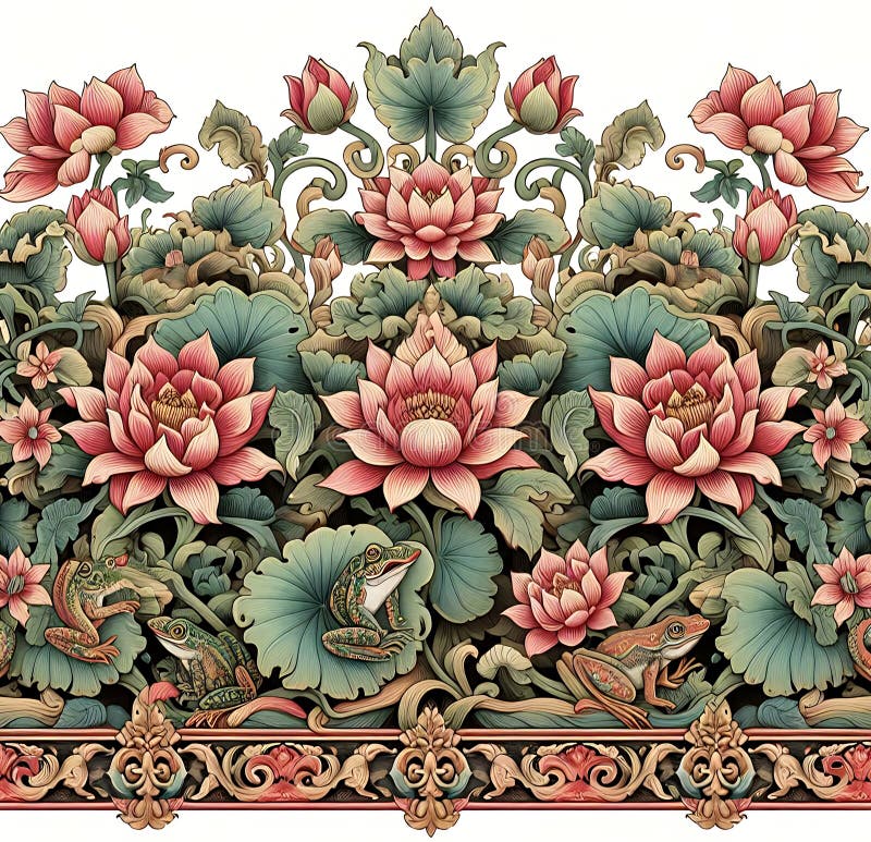 Abstract Traditional Thai Pattern Design with Lotus Flowers and Leaves ...