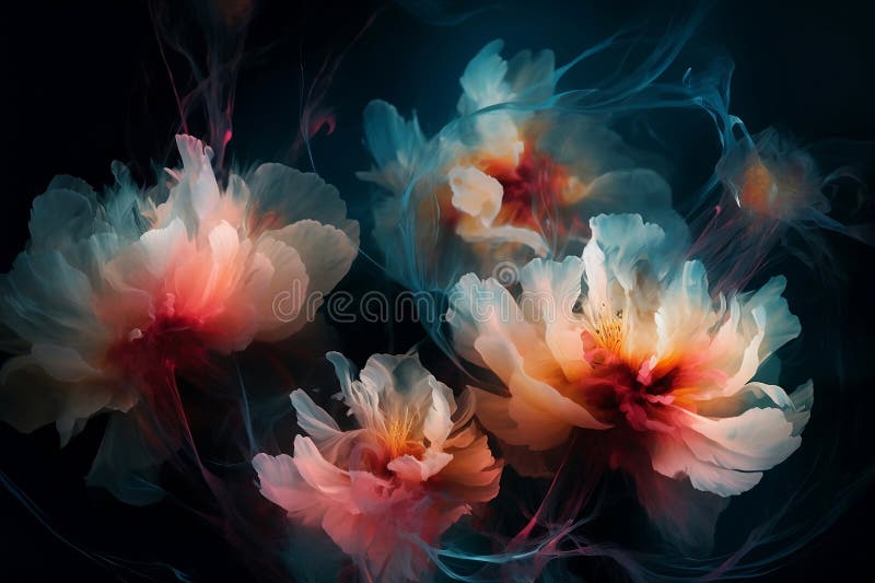 Abstract Translucent Multicolored Flowers on Dark Background Stock ...
