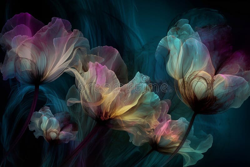 Abstract Translucent Multicolored Flowers on Dark Background Stock ...