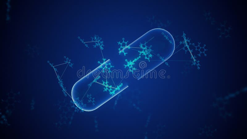 Abstract Transparent Polygonal Capsule Pills on Blue Background. Plexus ...