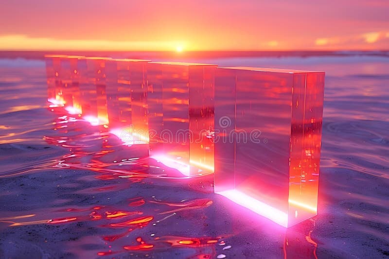 Abstract Transparent Rectangular Blocks at Sunset on Ocean Shore with ...