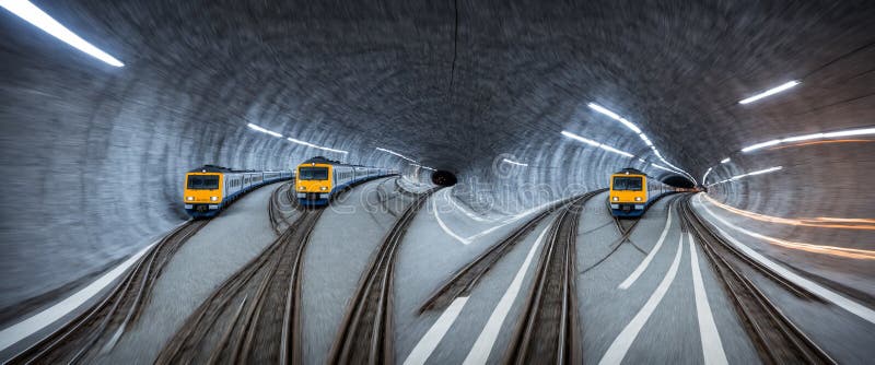 Abstract Transport, Trains in a Converging Tunnel Stock Illustration ...