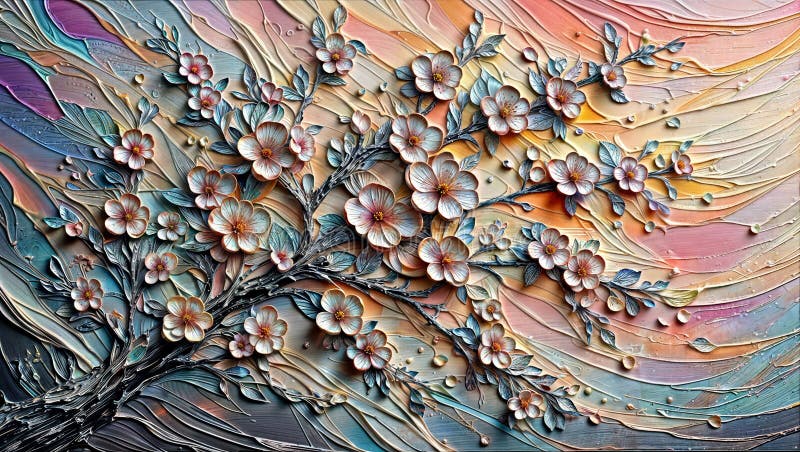 Abstract Tree Branch with White Flowers on Multicolored Striped ...