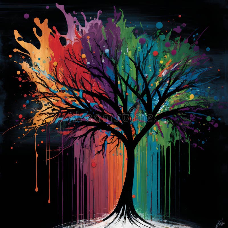 Abstract Tree with Colorful Splashes on Black Background, Vector ...